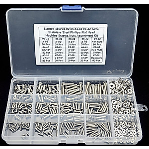Elantek #2-56#4-40#6-32 UNC Stainless Steel Phillips Flat Head Countersunk Machine Screws Nuts Assortment Kit