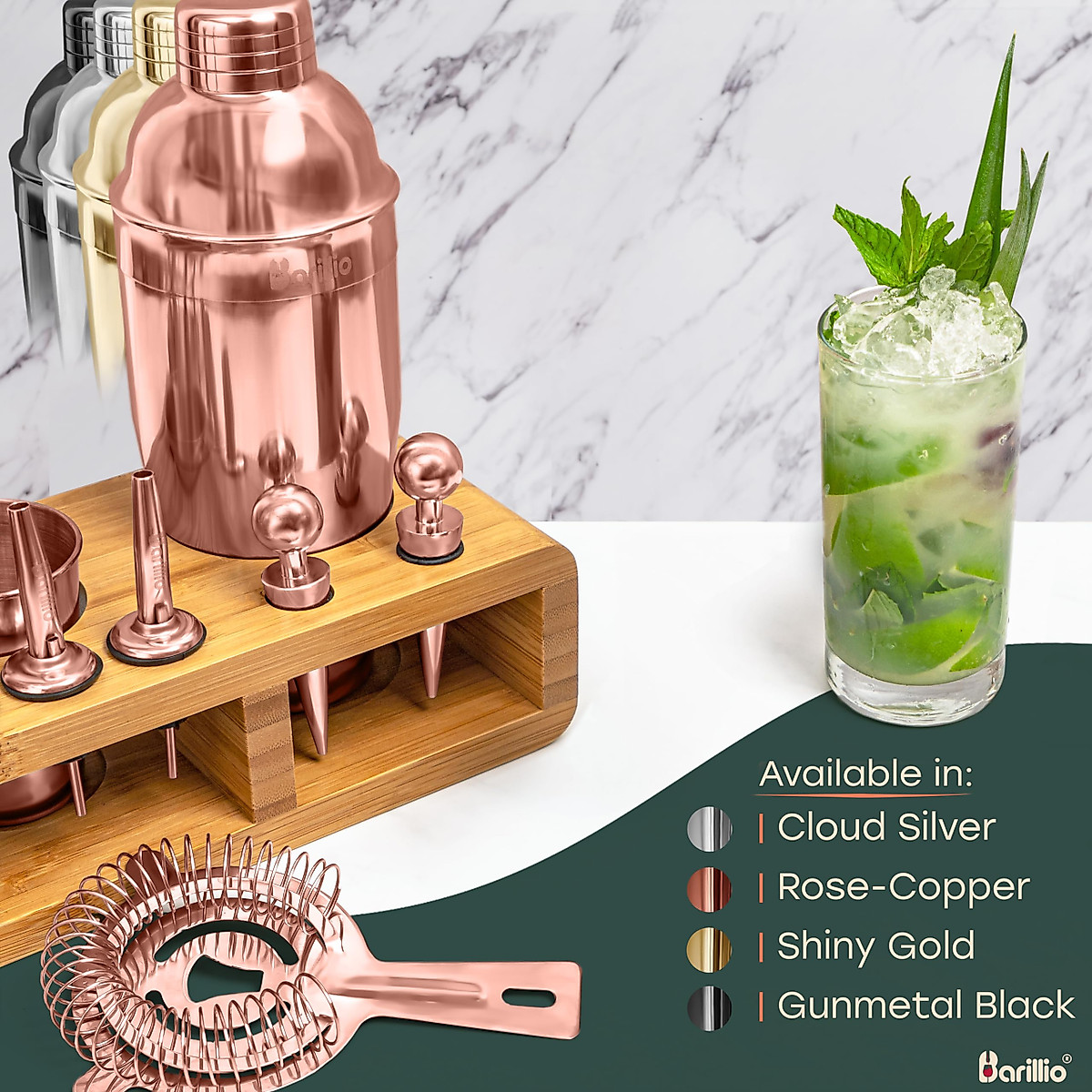 Copper Mixology Bartender Kit Cocktail Shaker Set by Barillio: Rose Gold Drink Mixer Set with Bar Tools, Muddler, Mixing Spoon, Jigger, Strainer, Sleek Bamboo Stand & Recipes Booklet