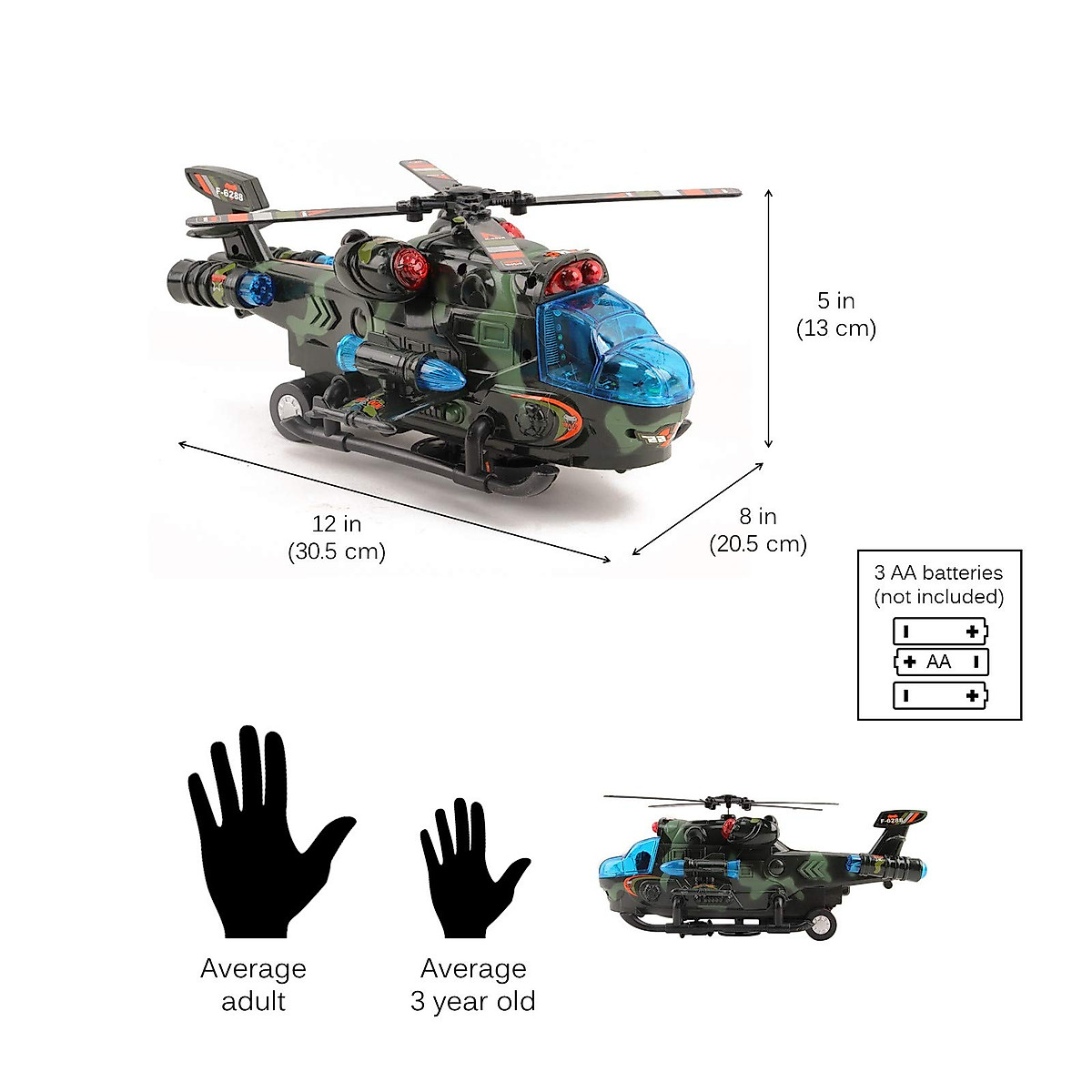 Vokodo Military Helicopter with Lights Sounds Bump and Go Self Riding Army Chopper Aircraft Toy Durable Battery Operated Kids Action Airplane Pretend Play Great Gift for Children Boys Girls Toddlers