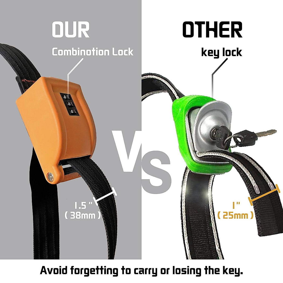 Onefeng Sports 800lbs Lockable Tie Down Straps with 3-Digit Password Buckle Include 3 Steel Cables 1.5" Width Keep Kayak Surfboard Paddleboard Canoe Safe 2pack Each Strap 10FT