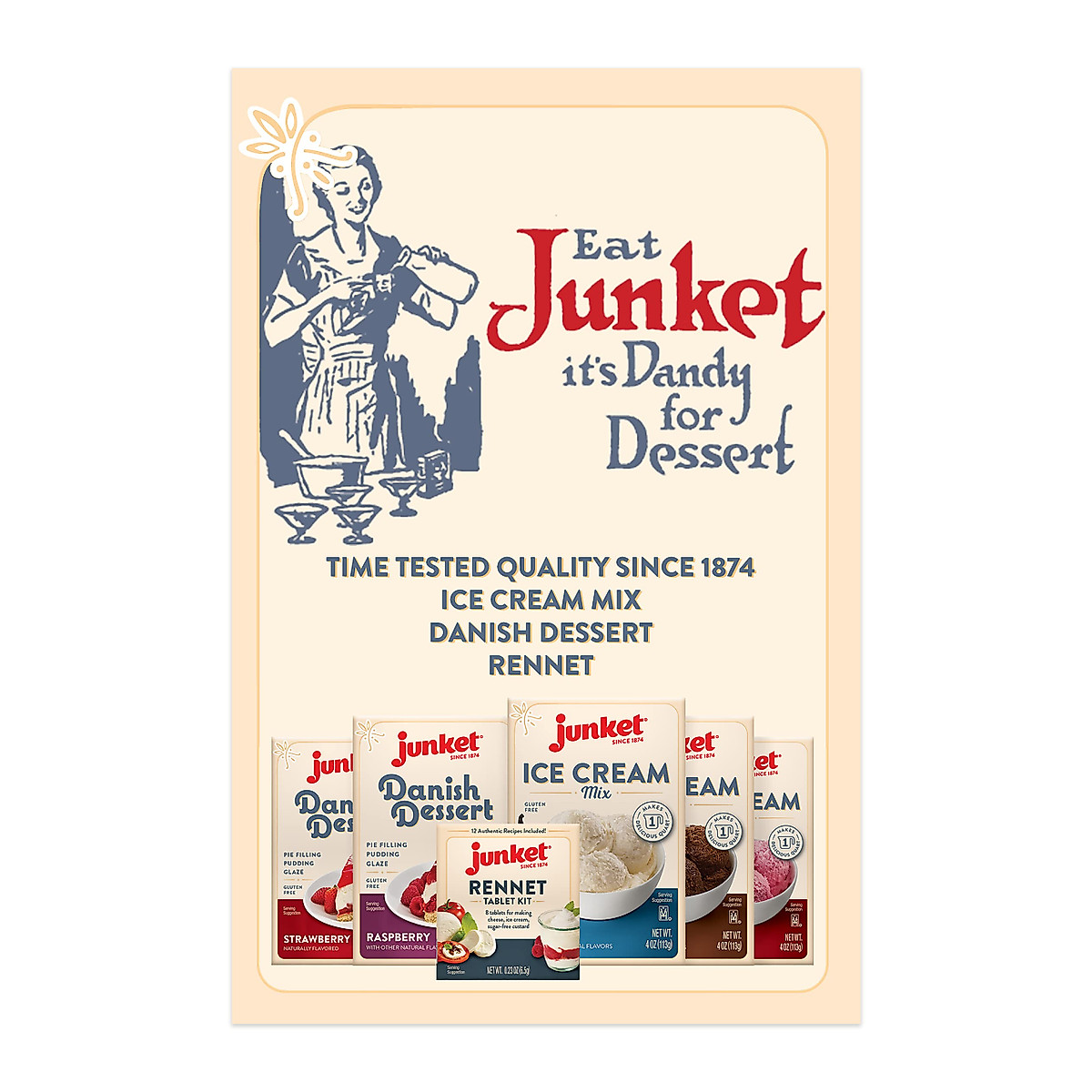 Junket Strawberry Ice Cream Mix: Makes 6 Quarts Old Fashioned Homemade Ice Cream for Ice Cream Maker or Hand Stir - Just Add Milk and Cream, Chill, and Enjoy. Quick and Easy! 4 oz Box of Powdered Ice