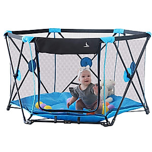 LuckyDove Portable Playpen for Innfants and Toddlers,Portable Play Yard for Baby with Padded Floor,Kids Activity Centre,Baby PlayPen with Carrying Bag,Washable,Foldable.Size:53"Wx 30"H(Blue)