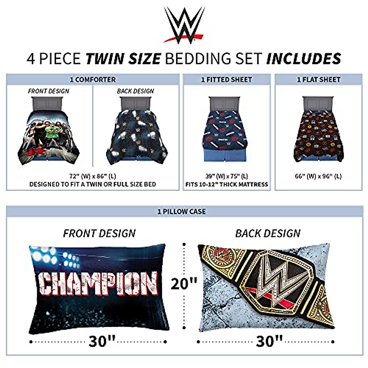 WWE Kids Bedding Comforter and Sheet Set, 4 Piece Twin Size, by WWE, Black/Multicolor