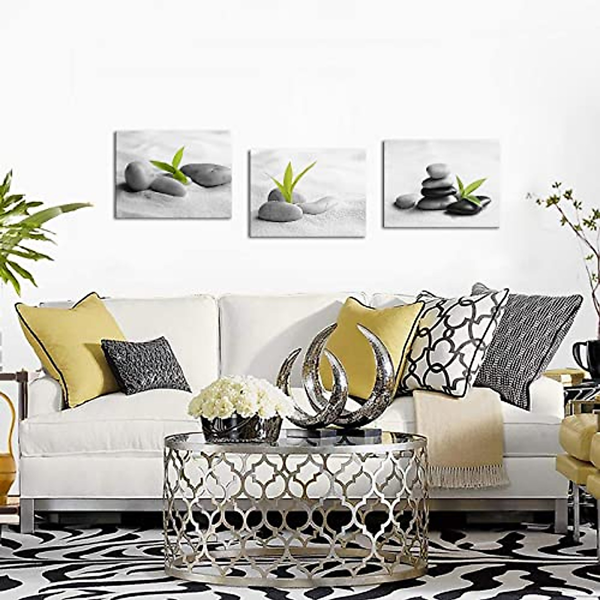 Biuteawal 3 Piece Zen Canvas Wall Art for Bathroom Decor Zen Stone with Green Plant Picture Print Peaceful Still Life Artwork Painting Modern Home Bedroom Meditation Room Spa Room Decoration