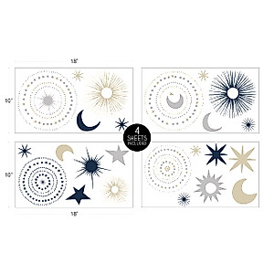 Sweet Jojo Designs Star and Moon Large Peel and Stick Wall Decal Stickers Art Nursery Decor - Set of 4 Sheets - Navy Blue, Gold, and Grey Celestial Sky Stars Gender Neutral Unisex