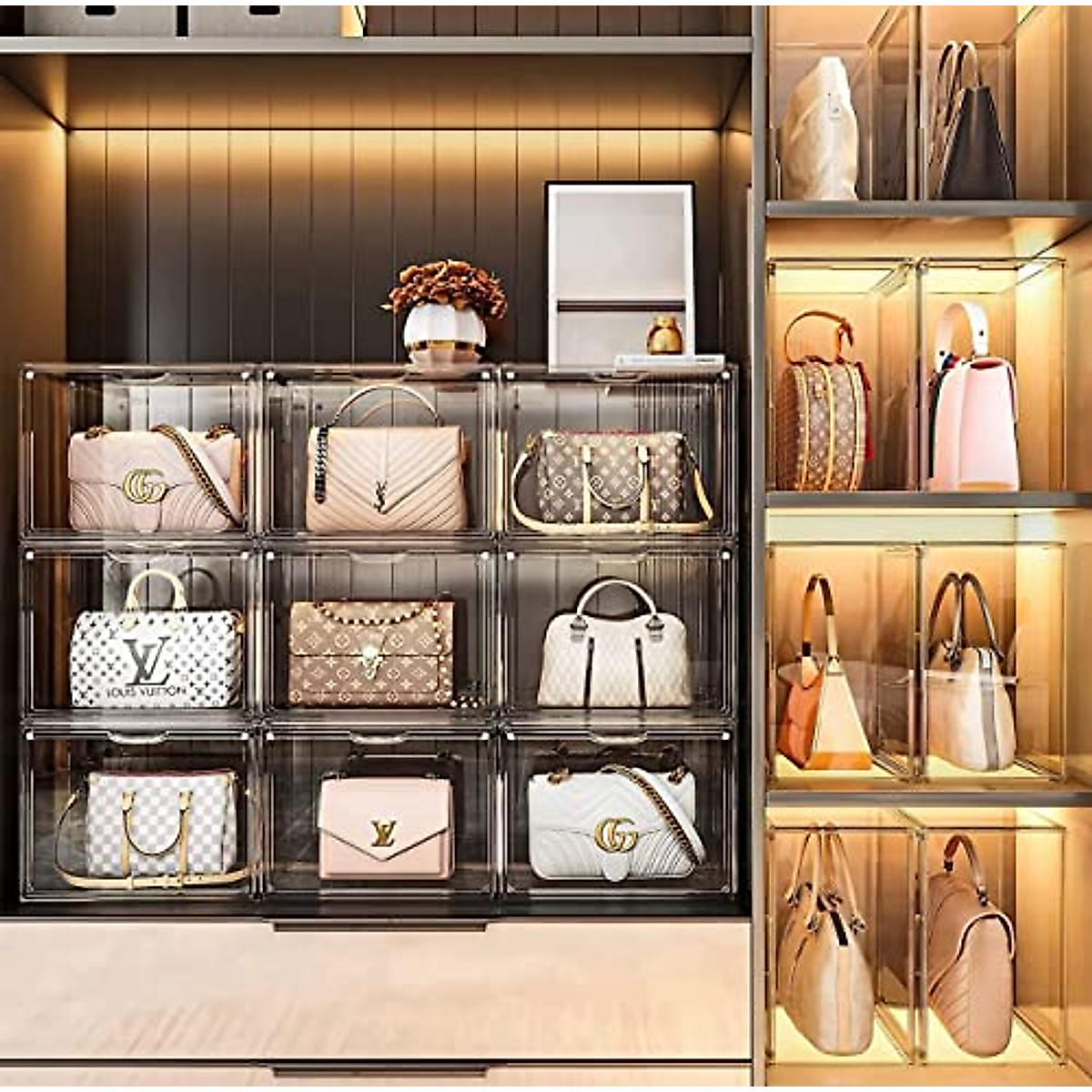 Stackable Acrylic Containers with Double Doors for 360° Visibility and Magnetic Door Easy Access - Clear Purse and Handbag Organizer for Closet - 3 Pack