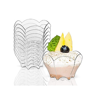 QXcom 100 Pcs 3 Oz 90ml Clear Ice Cream Dessert Bowls Plastic Disposable Flower Shape Dessert Cake Snack Bowl Cups Sundae Petal Dessert Bowls Salad Appetizer Serving Bowl Party Favor Wedding Bowls