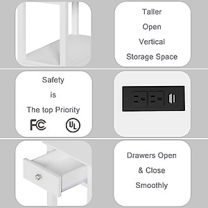 Treocho Side Table with Charging Station, Narrow End Table with Storage, 2-Drawer Nightstand with USB Ports & Power Outlet, White Sofa Bedside Table for Small Spaces, Living Room, Bedroom