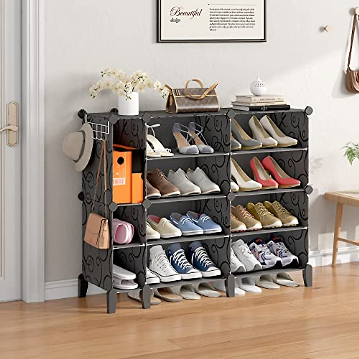 MAGINELS Portable Shoe Rack Plastic Shoe Organizer DIY Shoe Storage Shelf Organizer for Entryway Shoe Cabinet 36 Pairs, Black