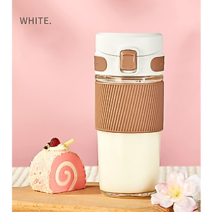 TKK Glass Travel Coffee Mug with Lid 15 OZ Leak Proof Reusable Coffee Cup with Silicone Sleeve - BPA Free, White-NEW