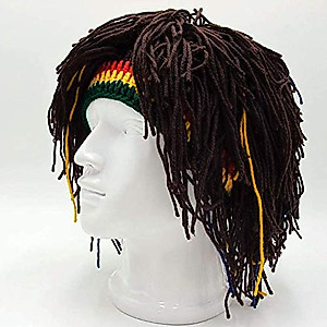 Kirmoo Knit Rasta Beanie Hats for Men Funny Winter Hats for Adults Jamaican Hat with Dreadlocks Fake Dreads Wig (Brown Beanie)
