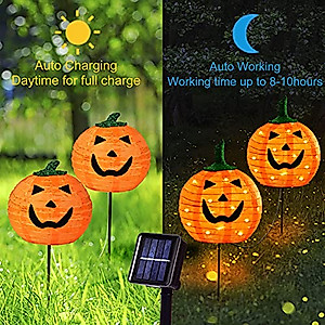 PLTCAT Solar Halloween Pumpkin LED Lights, Set of 2 Pumpkin Stake Lights 2 Modes for Outdoor Halloween Pathway Yard Garden Decoration