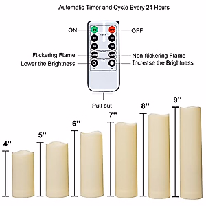 Amagic Flameless Candles Battery Operated Candles Flickering, Outdoor Waterproof LED Pillar Candles with Remote Control and Timer, D 2.2" x H 4" 5" 6" 7" 8" 9", Ivory, Plastic, Set of 9