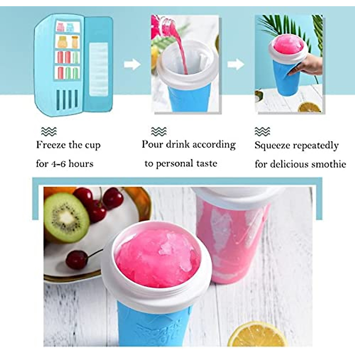 BEIDIYINGER Slushy Maker Cup, Magic Quick Frozen Squeeze Cup, Summer Cooling Smoothie Pinch Cup, Double Layer Silicon Ice Cream Milkshake Juice Portable Maker, for Family DIY Homemade, Blue, White