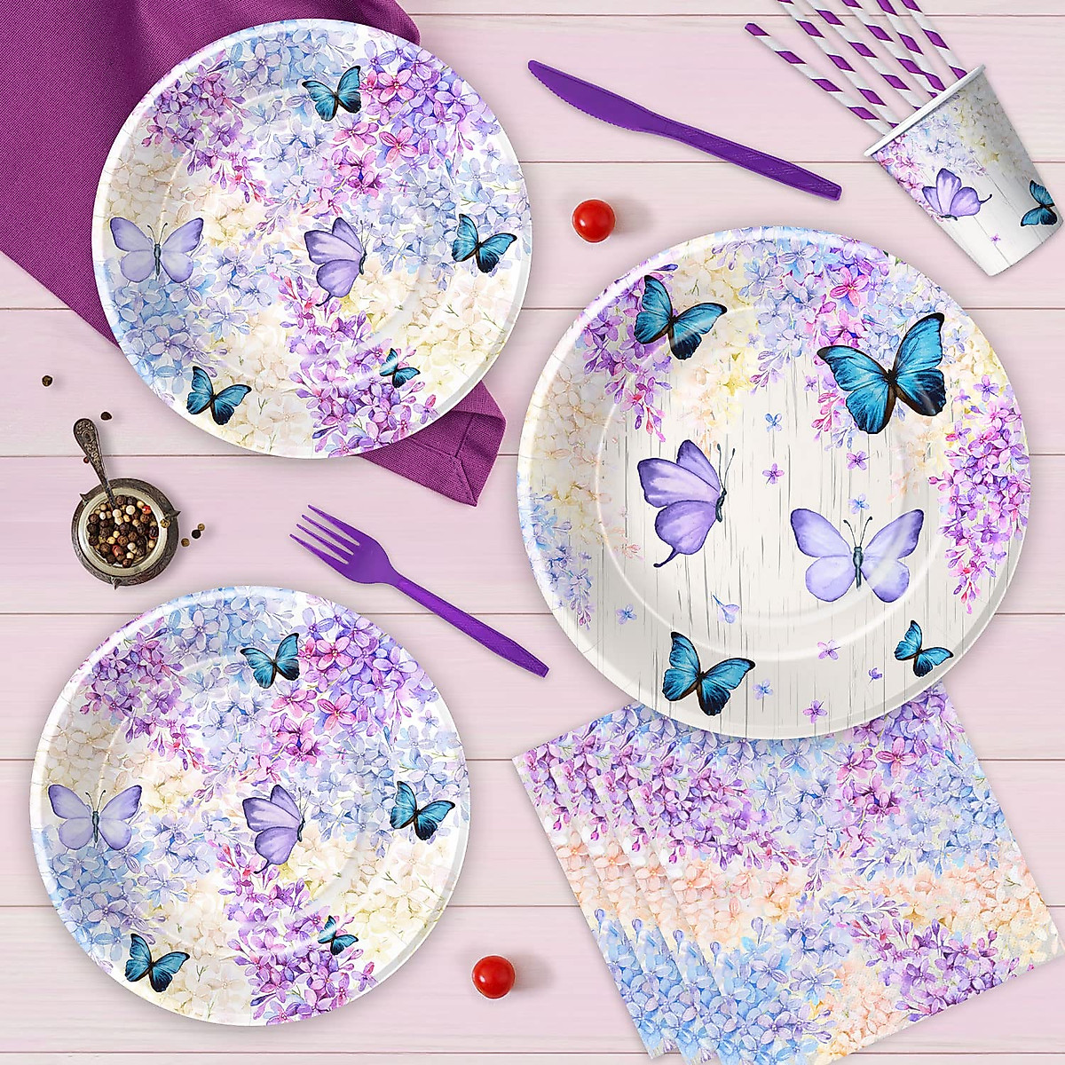HIPVVILD Butterfly Party Decorations Tableware - Butterfly Birthday Party Supplies, Plate, Napkin, Cup, Tablecloth, Cutlery, Straw, Hydrangea Butterfly Baby Shower Decorations Dinnerware | Serve 24