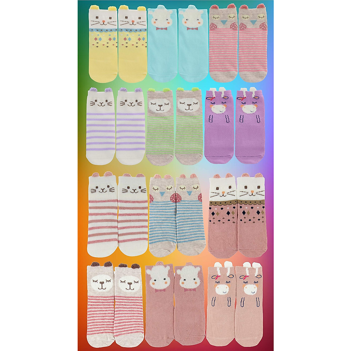 Tiny Captain Baby Toddler Girls Animal Grip Socks Tube Socks Anti-Slip Cartoon Sock (1-3T, Pink and Pastel - 12 Pairs)