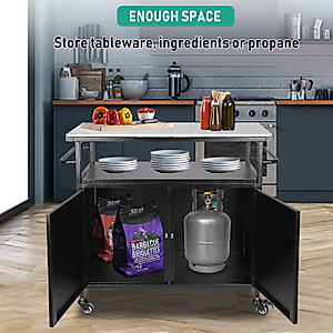 Karpevta Outdoor Grilling Table with Storage, Metal Outdoor Grill Cart with Storage and Wheels,Stainless Steel Countertop Kitchen Island Cart and Storage Cabinet for BBQ,Patio,Backyard