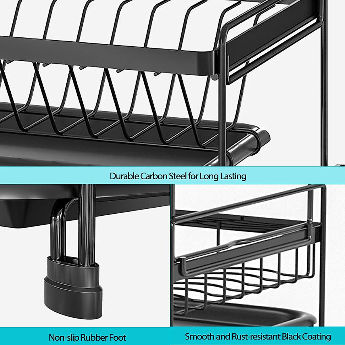 LEACHUTT Dish Drying Rack, 2 Tier Kitchen Dish Rack and Drainboard Set with Utensil, Cutlery and Cup Holder for Countertop, Large Rust-Proof Steel Dish Drainer for Plates, Mugs, Bowls, Knives, Black