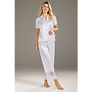 AW BRIDAL 2Pcs Sexy Womens Pajama Sets - Short Sleeve Silk Pajamas Long Pj Pants With Lace, Button Up Pajamas For Women, White, S| Clever Bridal Shower Gifts Bachelorette Gifts For Bride Pajamas