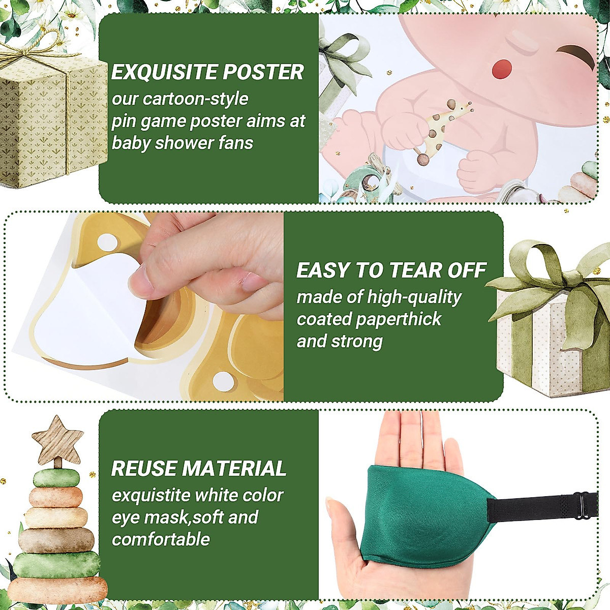 Faccito Pin The Pacifier on The Baby Party Games Sage Green Baby Shower Decorations Pin Pacifier on Baby Game with 24 Pacifier Stickers Game Blindfold for Baby Shower Birthday Party Supplies(Fair)