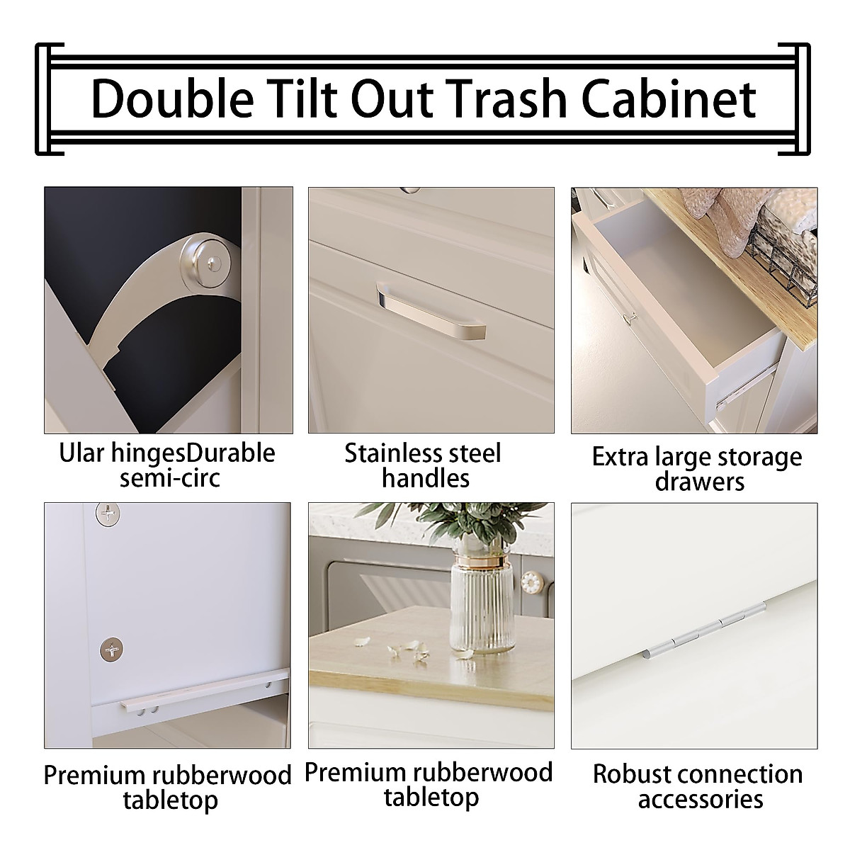 Usinso Double Trash Can Cabinet, Double Tilt Out Trash Cabinet with Hideaway Holder Drawers, Modern Standing Trash Cabinet for Kitchen, Living Room, Laundry Room (White)