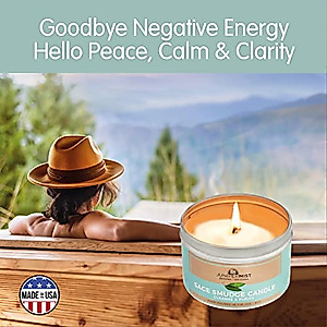 Sage Smudge Candle for Energy Cleansing, Meditation, Protection + Smokeless Alternative to Sage Smudge Sticks, Incense, Bundles + Handmade in Sedona with Soy Wax, Pure Essential Oils and Sage Leaf