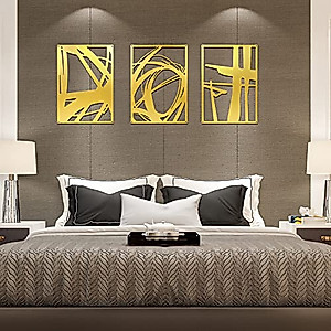 Geelin 3 Pcs Metal Wall Decor 16 x 11 Inch Abstract Metal Wall Art Modern Minimalist Geometric Wall Decor 3D Textured Metal Wall Sculptures for Home Bathroom Living Room Bedroom Dining (Gold)