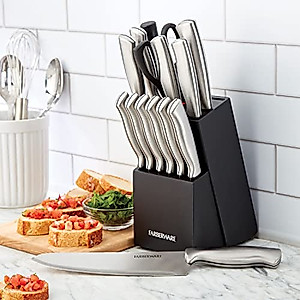 Farberware 15-Piece High-Carbon Stamped Stainless Steel Kitchen Knife Block Set with Steak Knives, Razor-Sharp Knife Set with Wood Block, Black