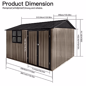 ACQCA 10FTx8FT Outdoor Metal Storage Garden Sheds with Window and Punched Vents,Galvanized Garden Gazebos Shed,w/Hinged Door & Padlock,for Storing Bicycles,Lawnmowers,Easy to Assemble,Brown