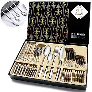 Silverware Set, HOBO 24-Piece Stainless Steel Flatware Silverware Set with Premium Gift box, Include Knife/Fork/Spoon/Teaspoon Service for 6, Mirror Finish, Smooth Edge