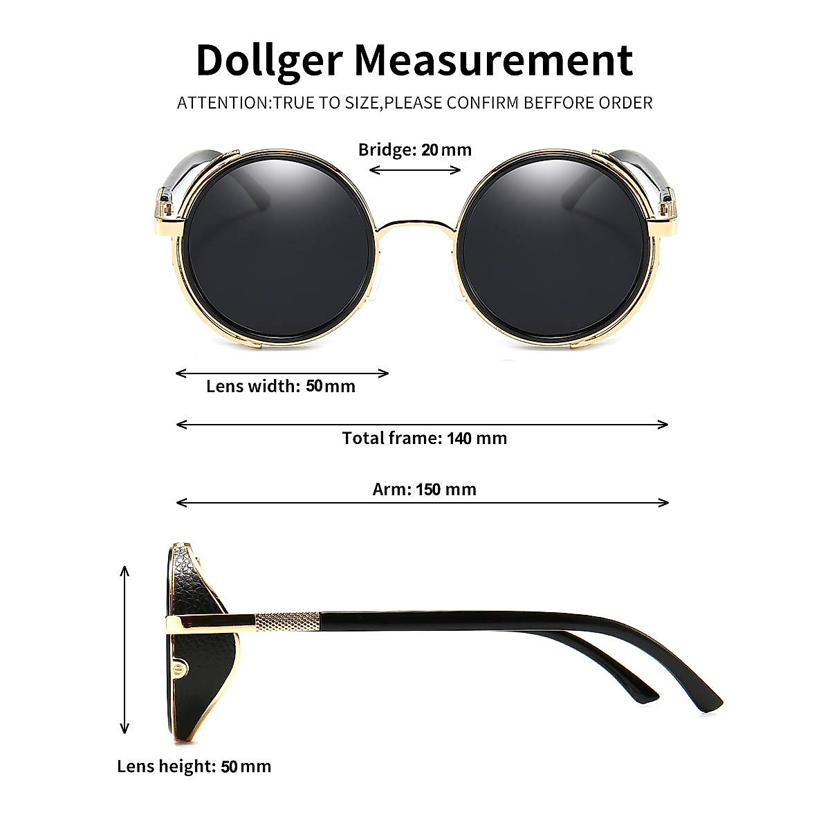 Dollger Steampunk Vintage Retro Round Sunglasses Metal Circle Frame (Black Lens+Gold Frame,100% UV Protection Lens)