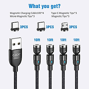 CJOY Magnetic Charging Cable(4 Pack 10ft+10ft+10ft+10ft), 540°Degree Rotation Magnetic USB Cable, Nylon Braided Magnetic Phone Charger, Charging Cable for Type C, Micro USB…