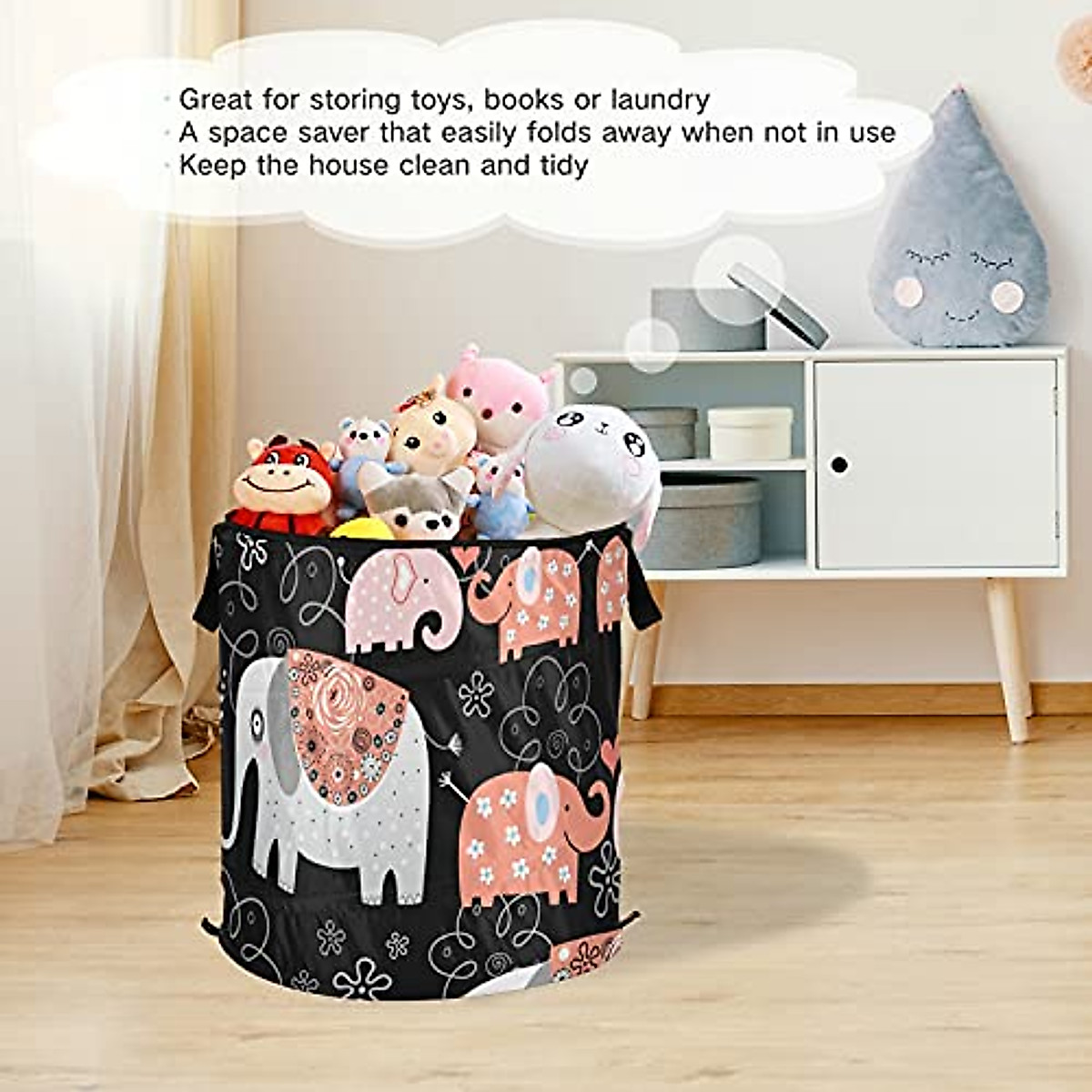 Ornamental Elephants Pop Up Laundry Hamper With Lid Foldable Laundry Basket With Handles Collapsible Storage Basket Clothes Organizer for Travel Kids Room