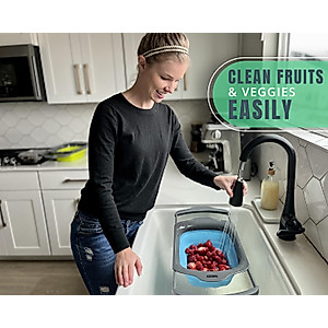 XL Large Kitchen Strainer by Comfify - Collapsible Silicone Over-The-Sink Colander with Extendable Handles - Use with Pasta, Fruit, Berries & Veggie - 6 Quart - Blue