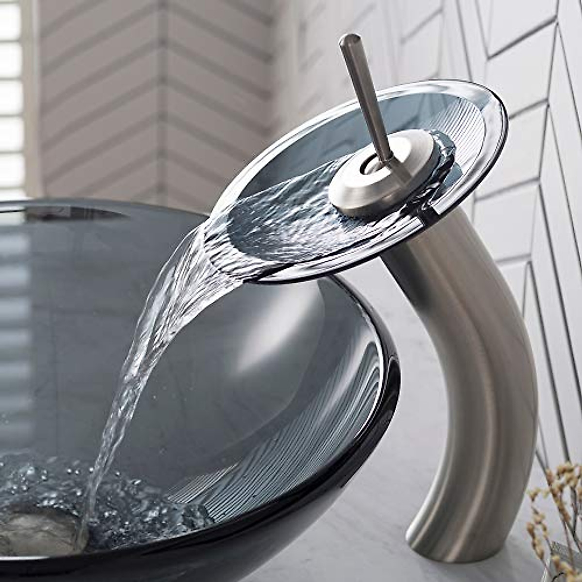 KRAUS Tall Waterfall Bathroom Faucet for Vessel Sink with Clear Black Glass Disk, Satin Nickel KGW-1700SN-BLCL
