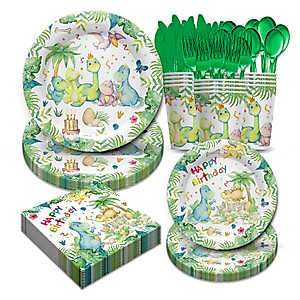 Piooluialy 168Pcs Watercolor Dinosaur Party Supplies - Dinosaur Theme Birthday Party Decorations Includes Plates Cups Napkins Cutlery Tableware for Boys Baby Shower Party Decorations | Serves 24