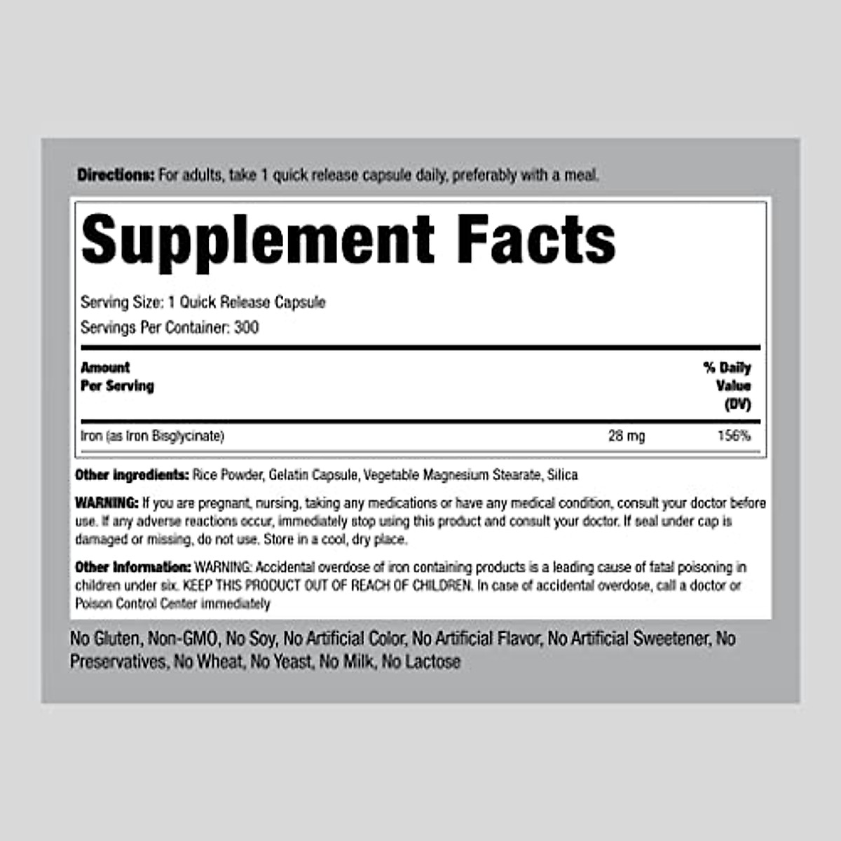 Gentle Iron 28 mg | 300 Capsules | Iron Bisglycinate | Easy on Stomach | Non-GMO, Gluten Free Supplement | by Piping Rock.