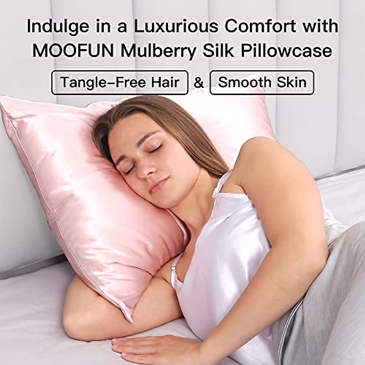 MOOFUN Silk Pillowcase- Standard Size 20 * 26 inches, 22 Momme 100% 6A High-Grade Pure Mulberry Silk reducing Wrinkles Smooth Hair Skin Anti-BedHead Anti-Aging Breathable Machine Washable-Pink