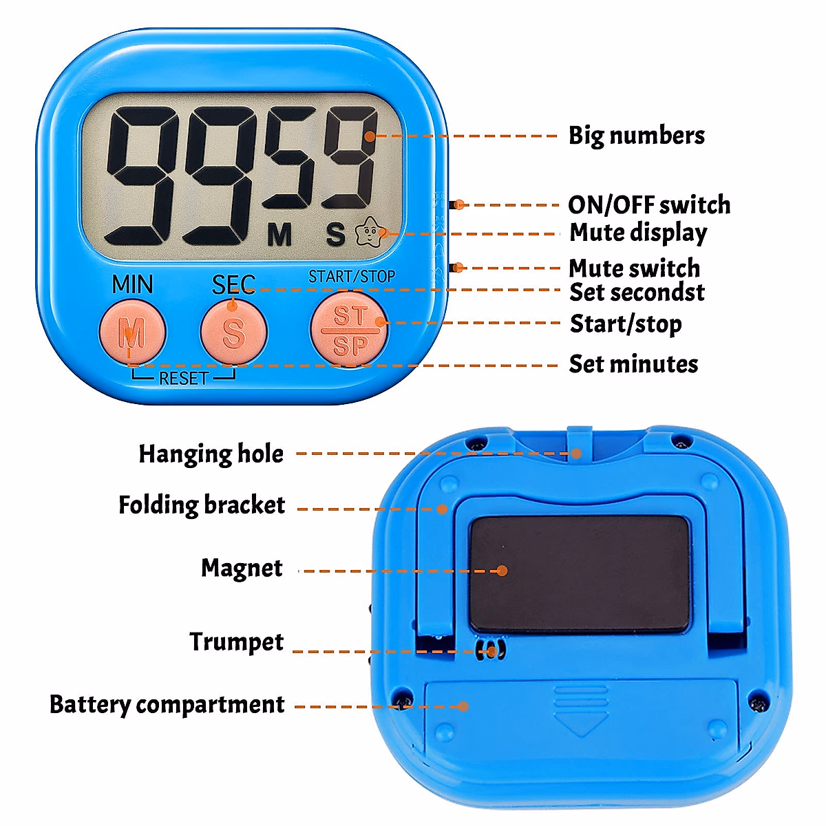 PLERISE Timers,Classroom Timer for Kids,Kitchen Timer for Cooking,Egg Timer,Magnetic Digital Timer for Teacher,Study,Exercise,Oven,Cook,Baking,Desk - 2 Pack, Blue