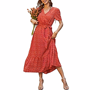 PRETTYGARDEN Women's 2024 Floral Boho Dress Wrap V Neck Short Sleeve Belted Ruffle Hem A-Line Flowy Maxi Dresses (Red Floral,Large)
