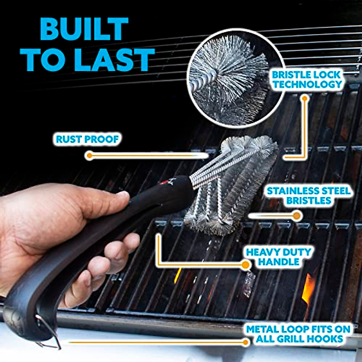Kona 360 Clean Grill Brush - A Clean Grill in 30 Seconds Or Less - 18 inch Best BBQ Brush - Stainless Steel 3-in-1 Grill Cleaner for Effortless Cleaning