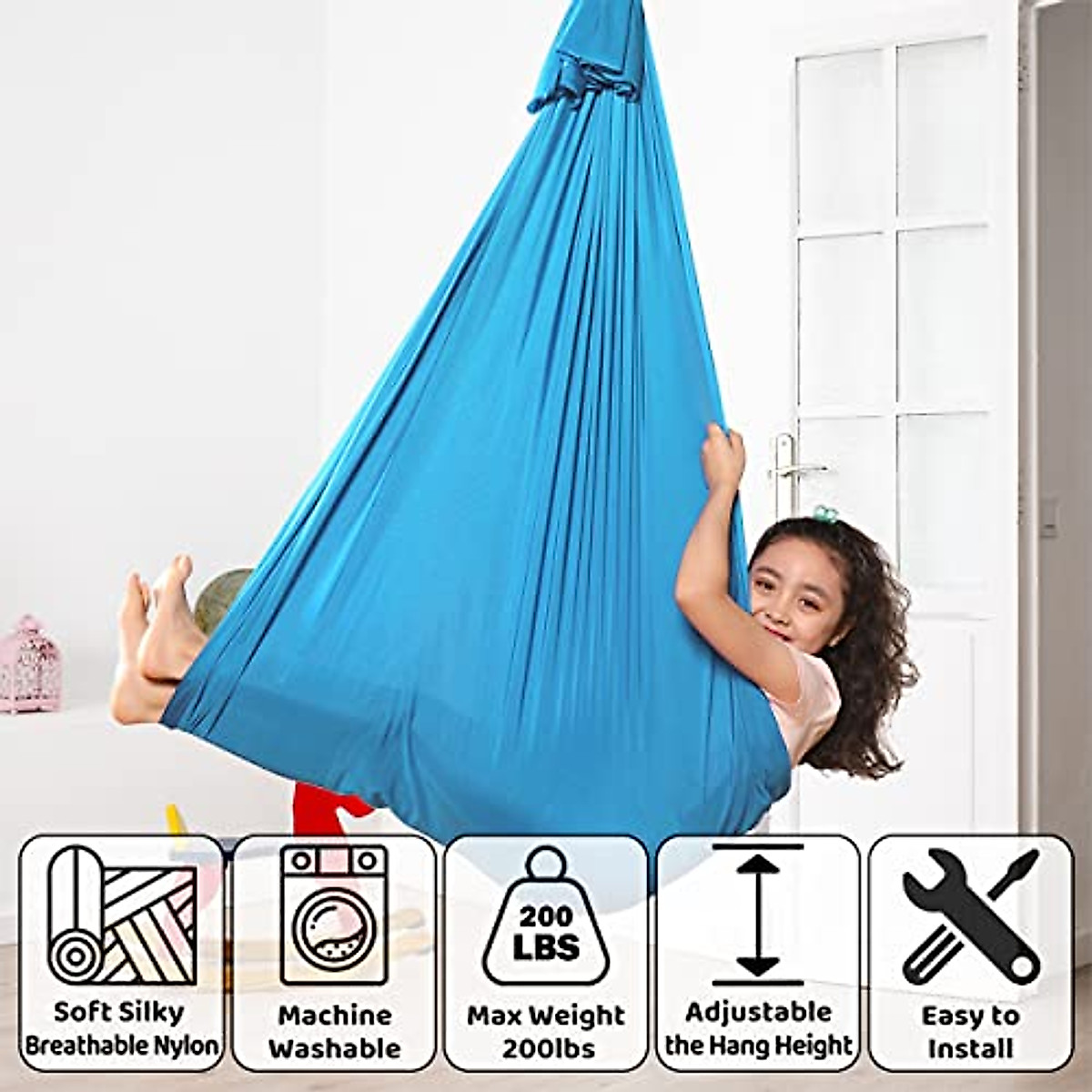 Dikuyeel Sensory Swing for Kids Indoor, Special Needs Indoor Swing for ADHD Autism, Therapy Sensory Swing with Hardware, Anxiety Relief Sensory Swing for Kids (Sky Blue)