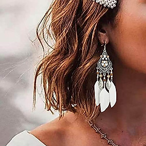VFlowee Bohemian Earrings Feather Tassel Silver Ethnic Drop Earrings Retro Boho Dangle Earring Bead Women Teen Girls Jewelry for Birthday Party Gifts