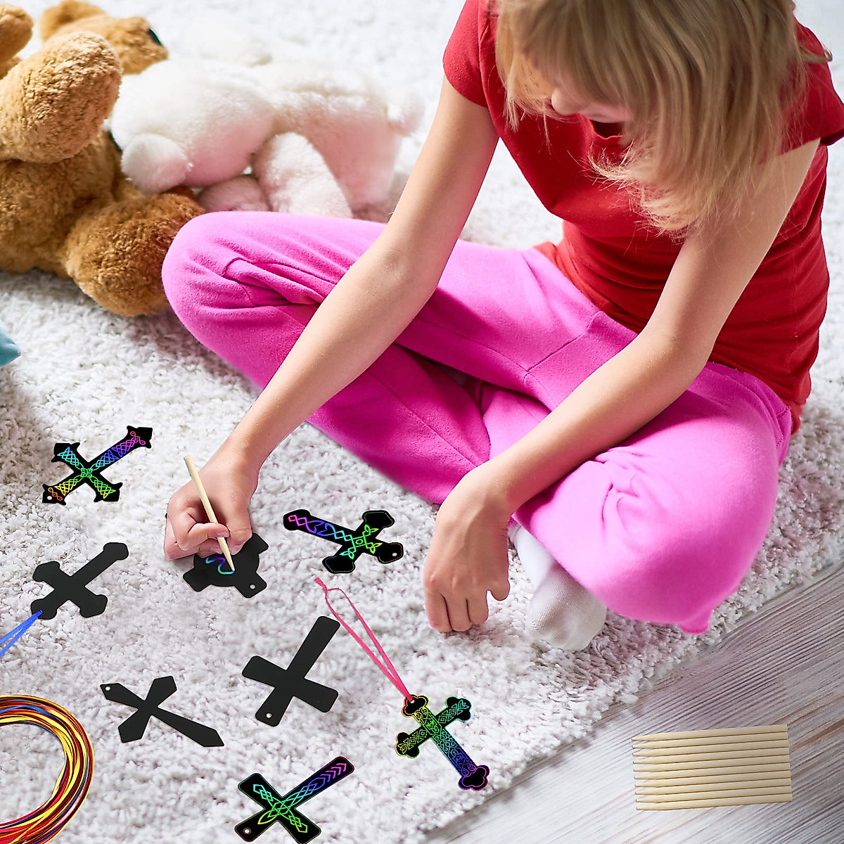 Chivao 80 Pcs Easter Scratch Cross Ornaments Rainbow Color Craft Kit DIY Scratch Paper Christian Gifts for Kids Sunday School Crafts Kids' Paper Craft Kits for Girls Boys with Wood Sticks Ribbons