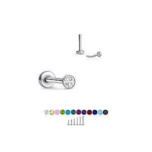 316 Stainless Steel Threadless Push Pin Nose Ring Labret Monroe Stud 1mm Glued Hot Pink CZ 18G