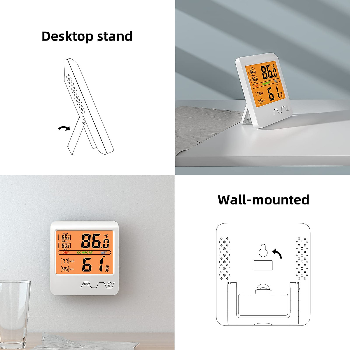 4" Backlight Hygrometer Indoor Thermometer Temperature and Humidity Room Thermometer Humidity Gauge Indicator for Home Office Greenhouse Backlight for 10s