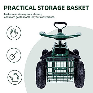 Endynino Rolling Garden Cart Wagon Scooter Lawn Yard Patio Work Seat Gardening Stool Cart with Extendable Steer Handle and Storage Basket, Adjustable 360° Swivel Seat Outdoor, Green
