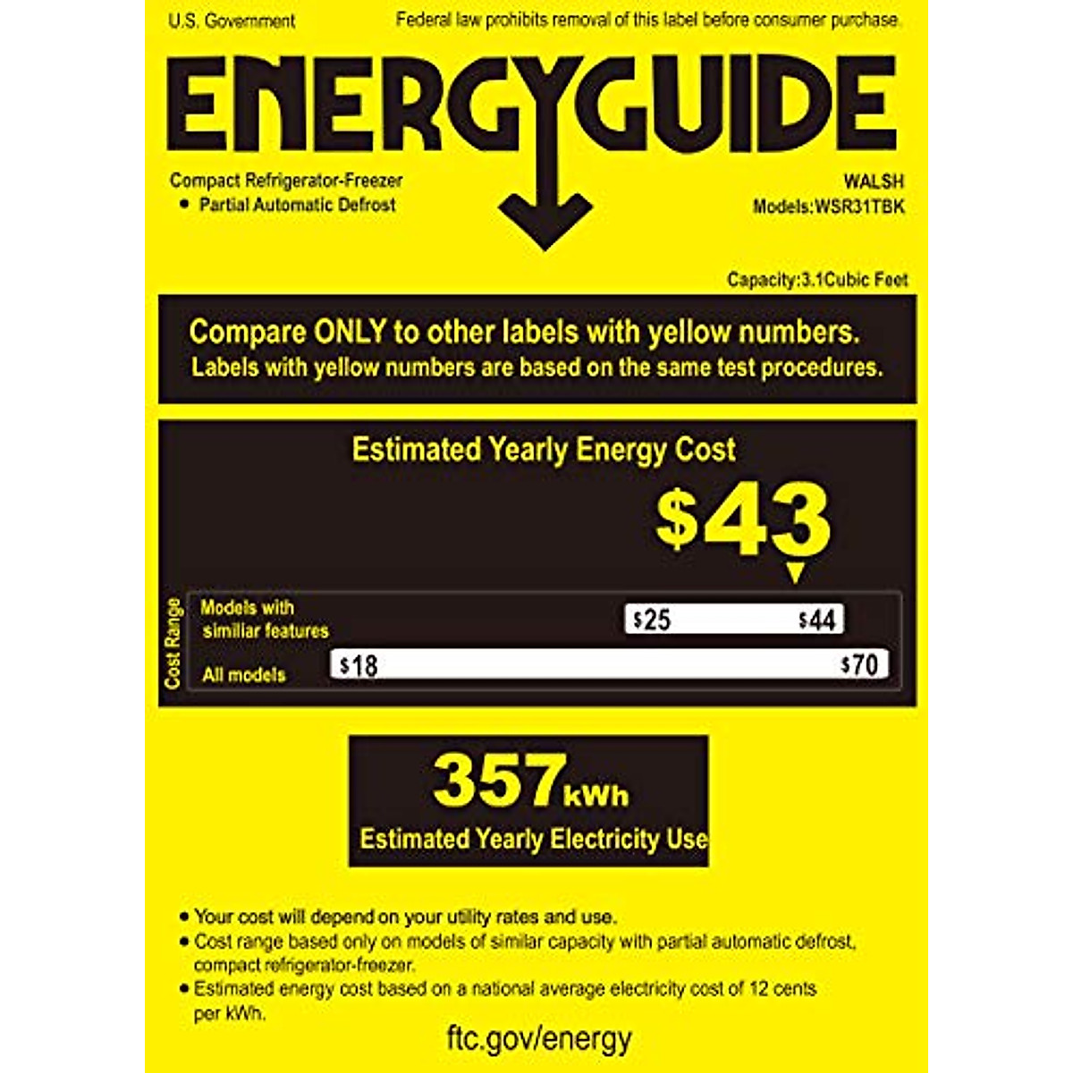 Walsh WSR31TBK Compact Refrigerator, Dual Door Fridge, Adjustable Mechanical Thermostat with True Freezer, Reversible Doors, 3.1 Cu.Ft, Black