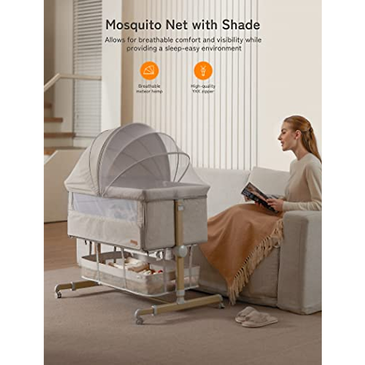 Baby Bassinet Bedside Sleeper, besrey Bedside Bassinet for Newborn Infant with Comfy Mattress, 9 Height Positions, Adjustable Bedside Crib with 360° Swivel Wheels, Bassinet Sleeper with Storage Basket