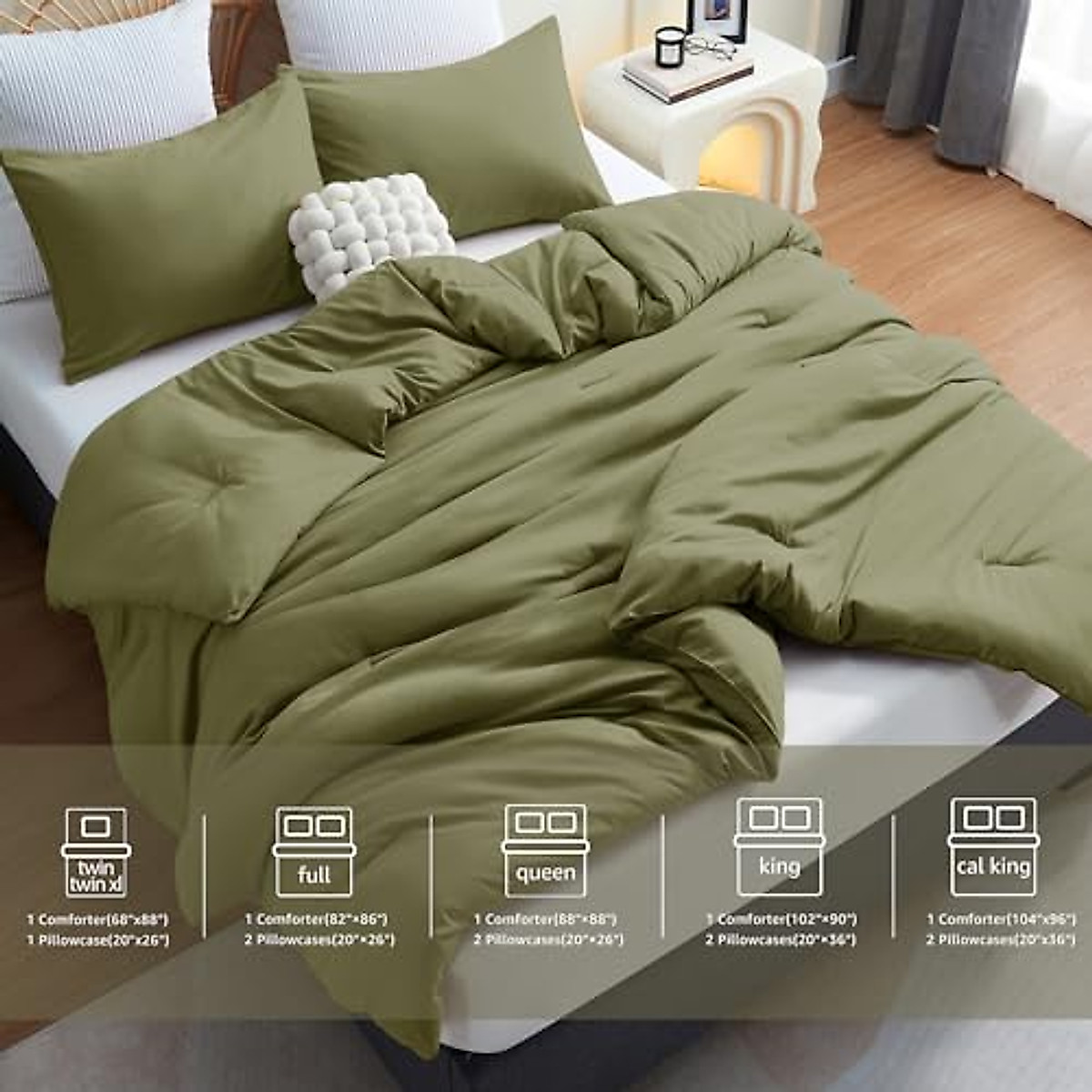 CozyLux Olive Green Comforter Set King Size, 3 Pieces Solid Breathable Quilted Style Bedding Sets, Luxury Fluffy Soft Microfiber Comforter for All Season(1 Comforter & 2 Pillowcases)